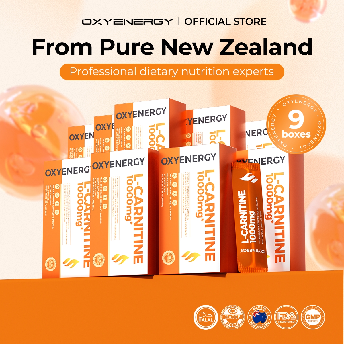 Oxyenergy L-Carnitine Drinks 9 Packets Orange Flavor 10/30/60 Packets ...