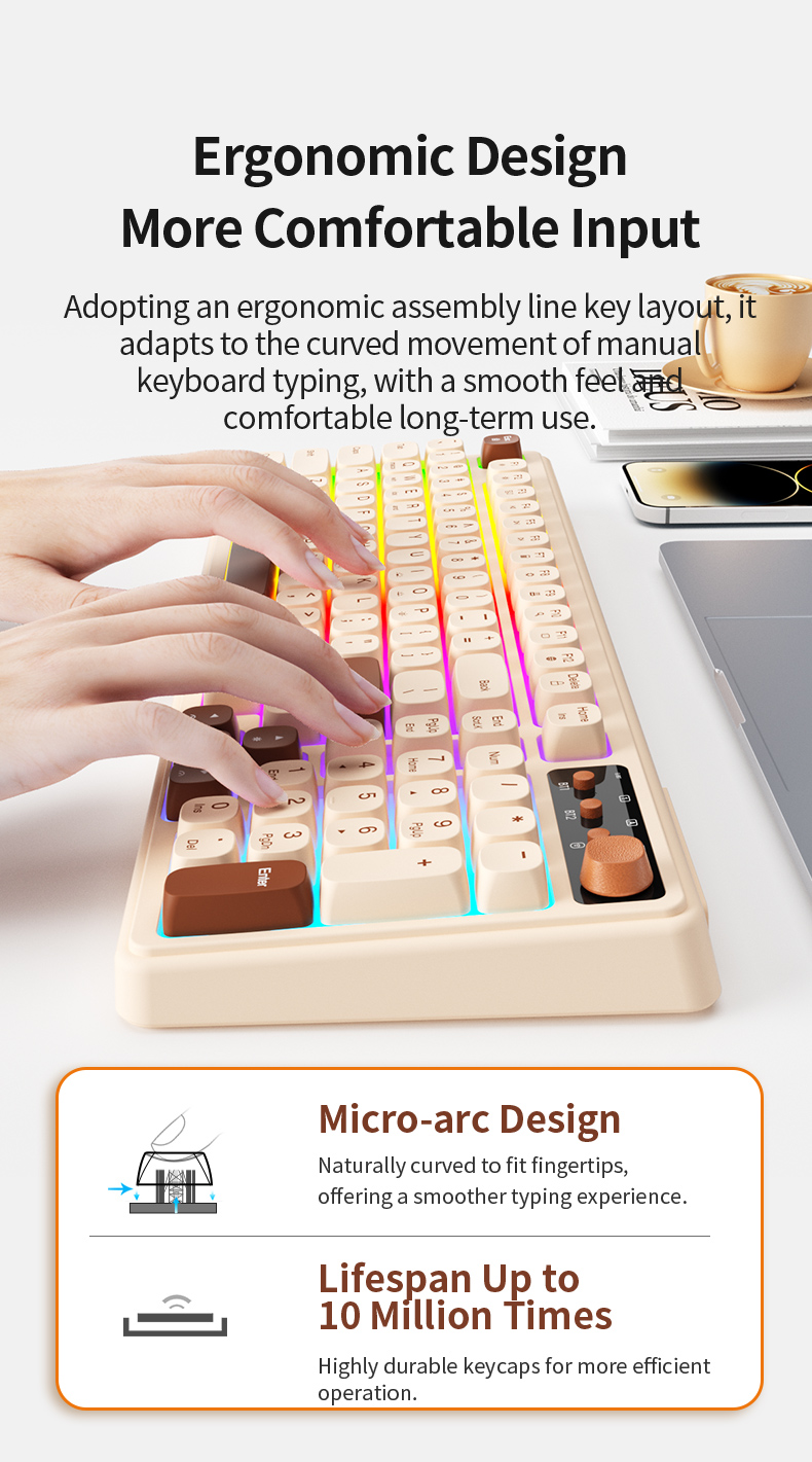 BOW K520 Series Ergonomic keyboard RGB Backlight Rechargeable Three ...