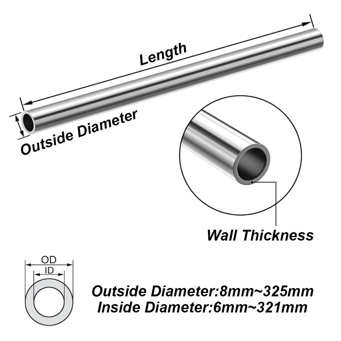 304 Stainless Steel Round Tube Pipe 1/1.5/2/3mm Wall Thickness, 300mm ...
