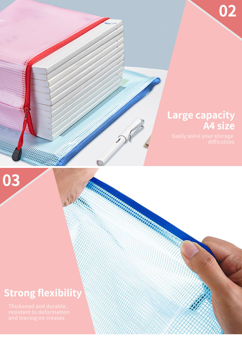 A4 Color Transparent Mesh Zipper Bag File Storage Bag Student Exam ...