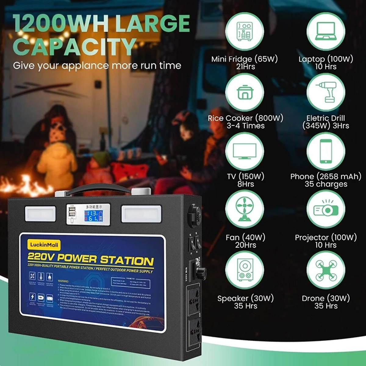 Portable Power Station 1200W AC 220V Output Emergency Backup Powerbank ...