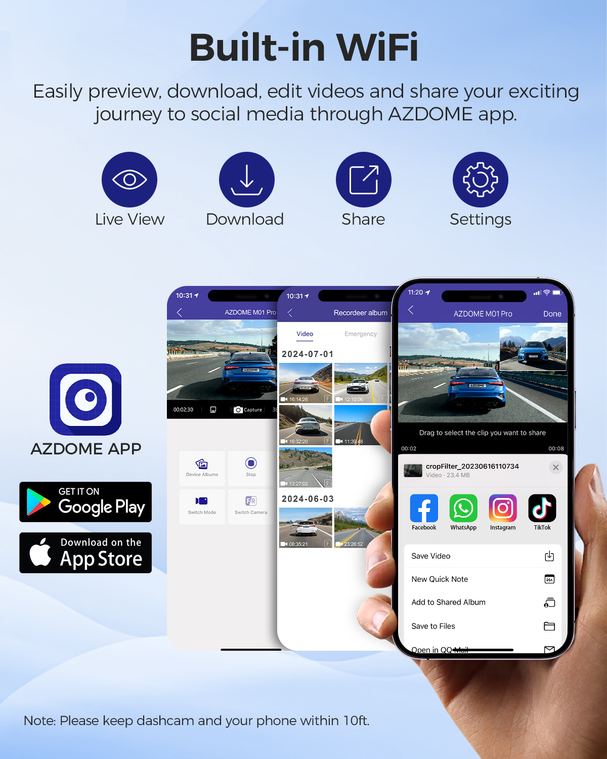 AZDOME Upgraded M01 Pro 3K WiFi Dashcam Front and Rear with ADAS Free 64GB Card App Control ...