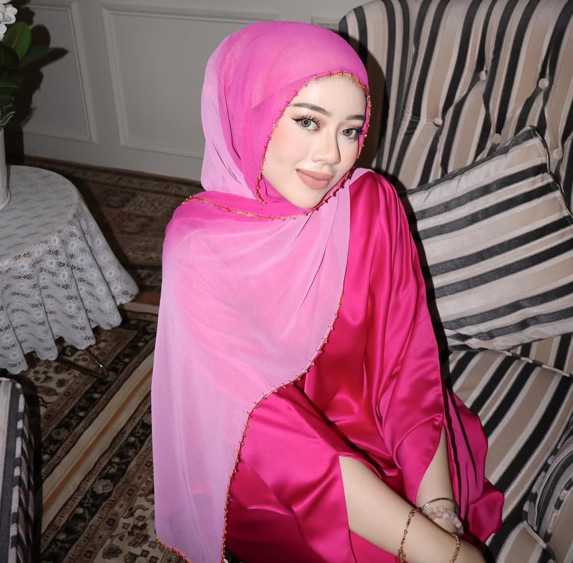 Jifang Gradient Double Colors Gold Beads Beading Beaded Bubble Chiffon Shawl Manik manik 2 Tone ...