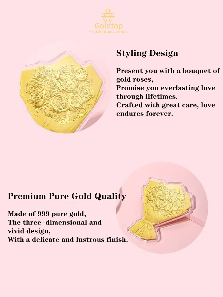 【Goldtop】Gold Rose Bouquet Set Pure Gold 999/24K (0.3g) Gold Bar-The best choice for loved ones ...