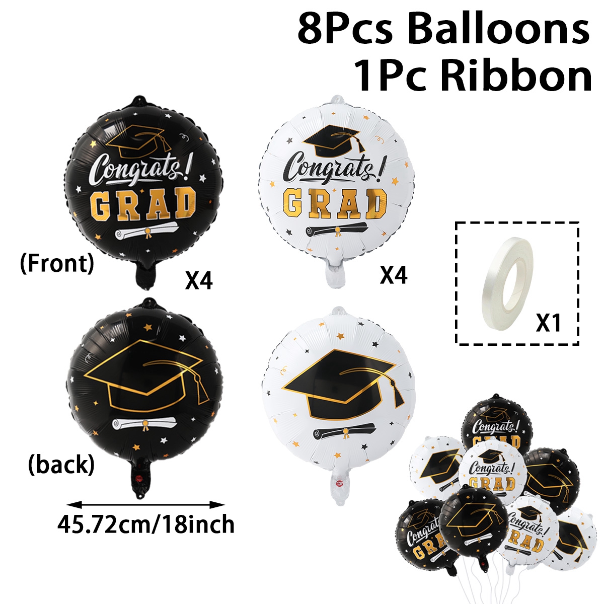 8pcs Congrats Grad Balloon Set Black White Gold Grad Cap Pattern ...