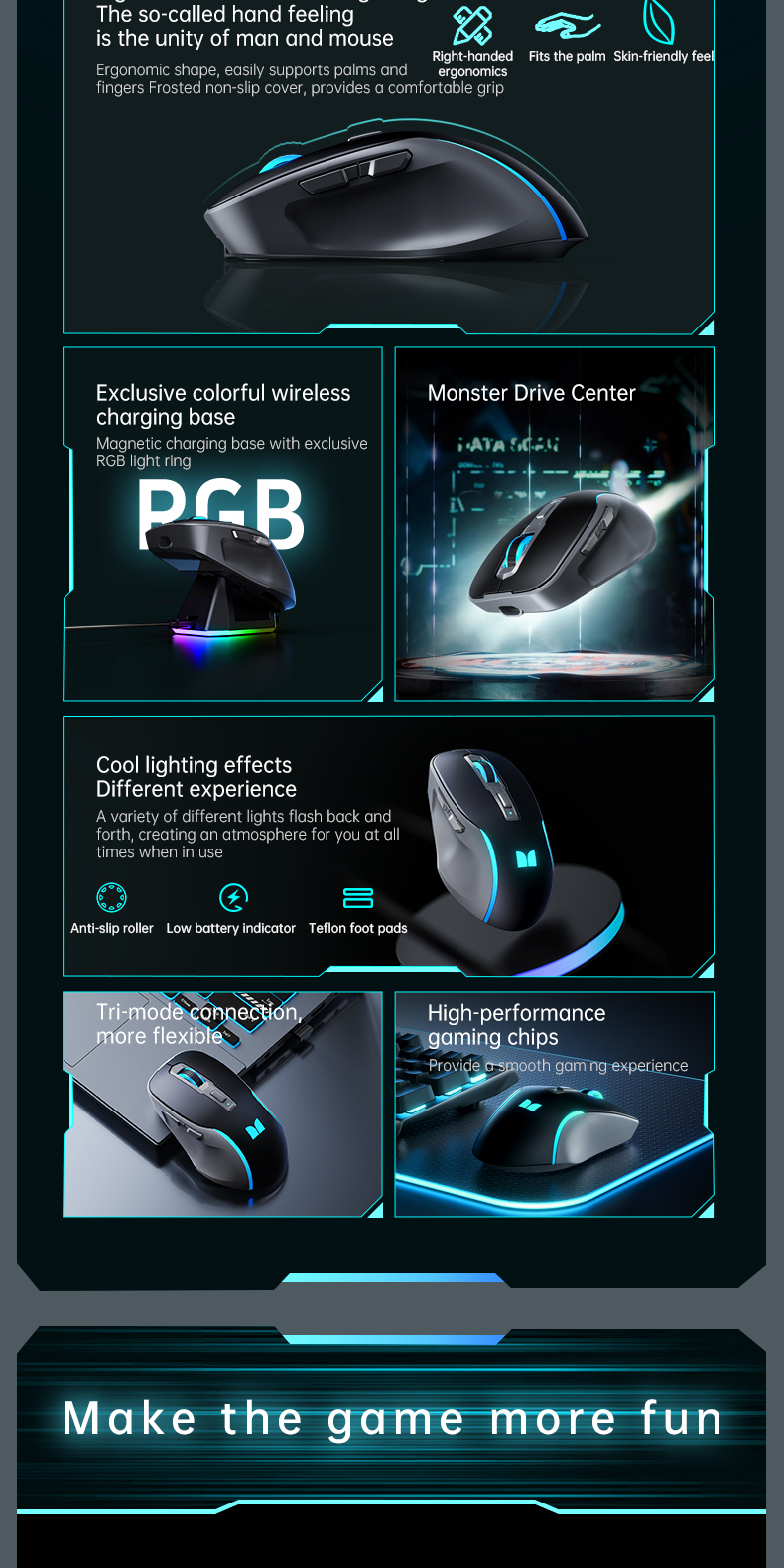 Monster X1 Wireless Mouse Ergonomic Optical Mice Tri-Mode 800-8000 DPI ...
