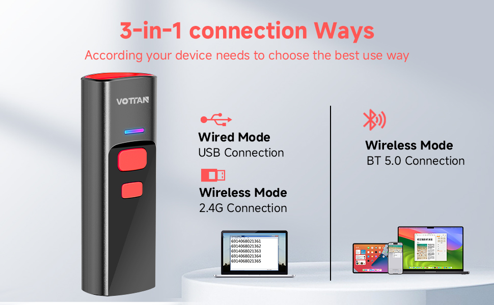 Wireless Barcode Scanner Mini Bluetooth 1D 2D QR Bar Code Scanner 3-in ...