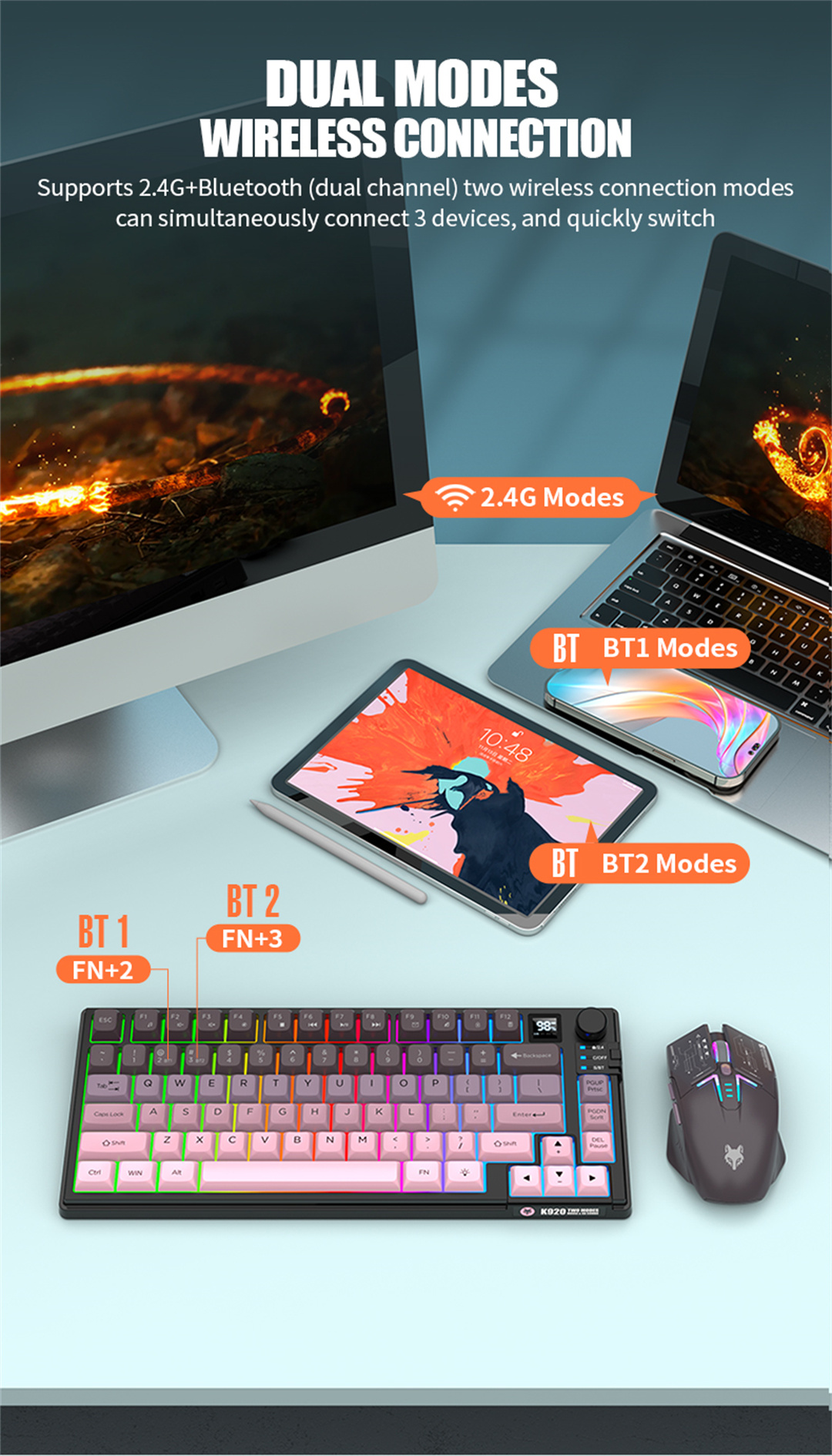 Xunfox Wireless Keyboard and Mouse Set Volume Knob Battery Level ...