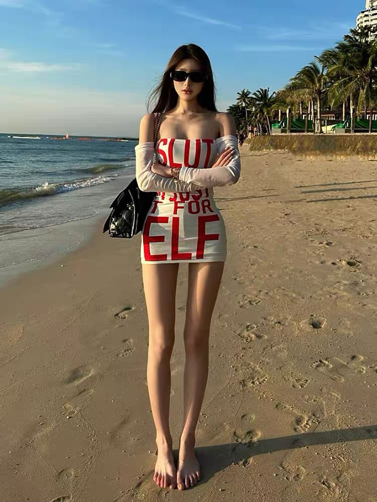 American Hot Girl One-Shoulder Printed Long-Sleeved Dress Sexy Slim-Fit Slimmer Look Inner Hip ...