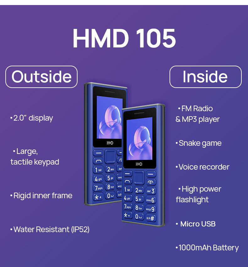 HMD 105 Basic Keypad Phone 2.0'' Display Dual Sim 18 Days Long Standby ...