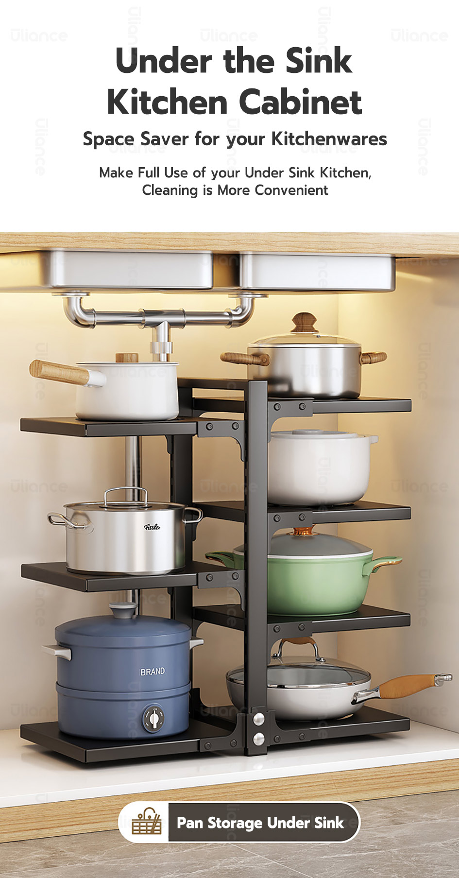 Uliance 2-5 Tiers Adjustable Pot and Pan Rack Organizer Rak Bawah Sinki ...