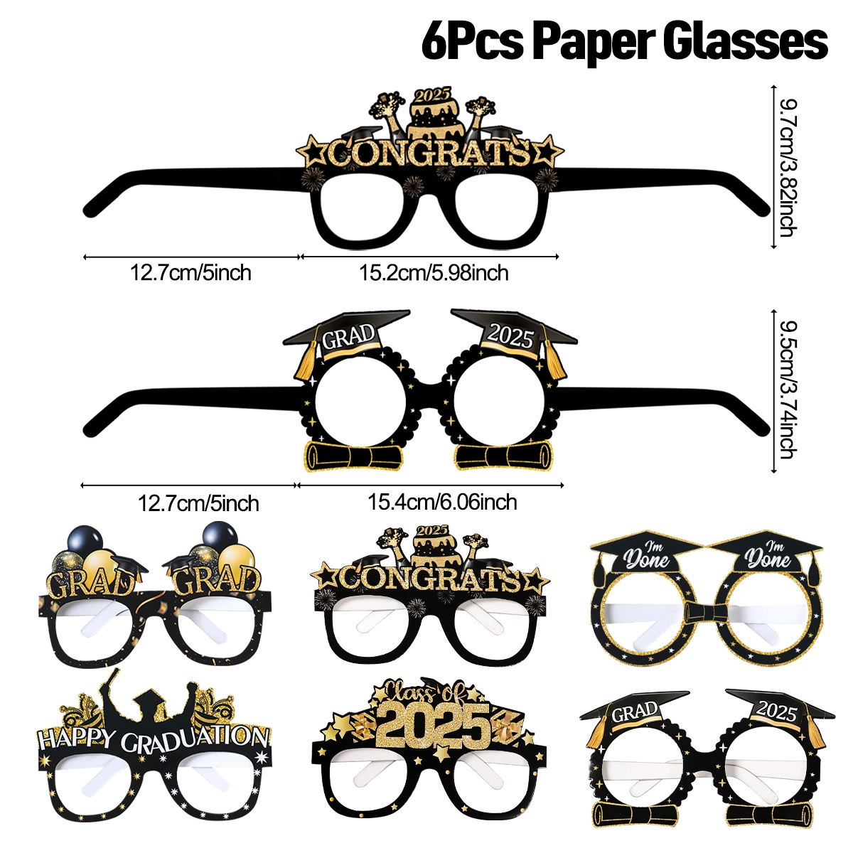 6pcs Black Gold Congrats Grad Paper Glasses Happy Graduation Photo ...