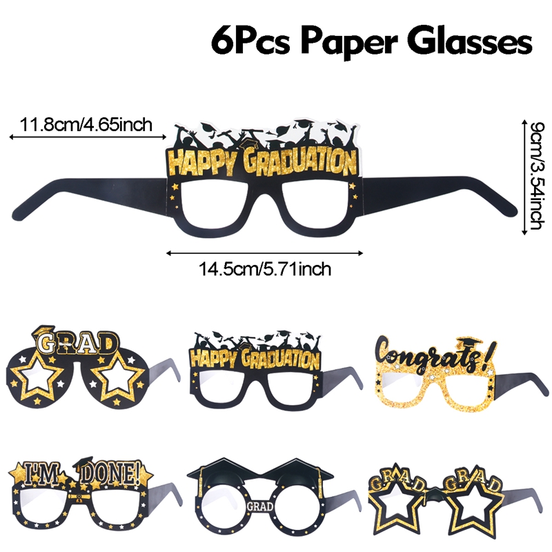 6pcs Black Gold Congrats Grad Paper Glasses Happy Graduation Photo ...