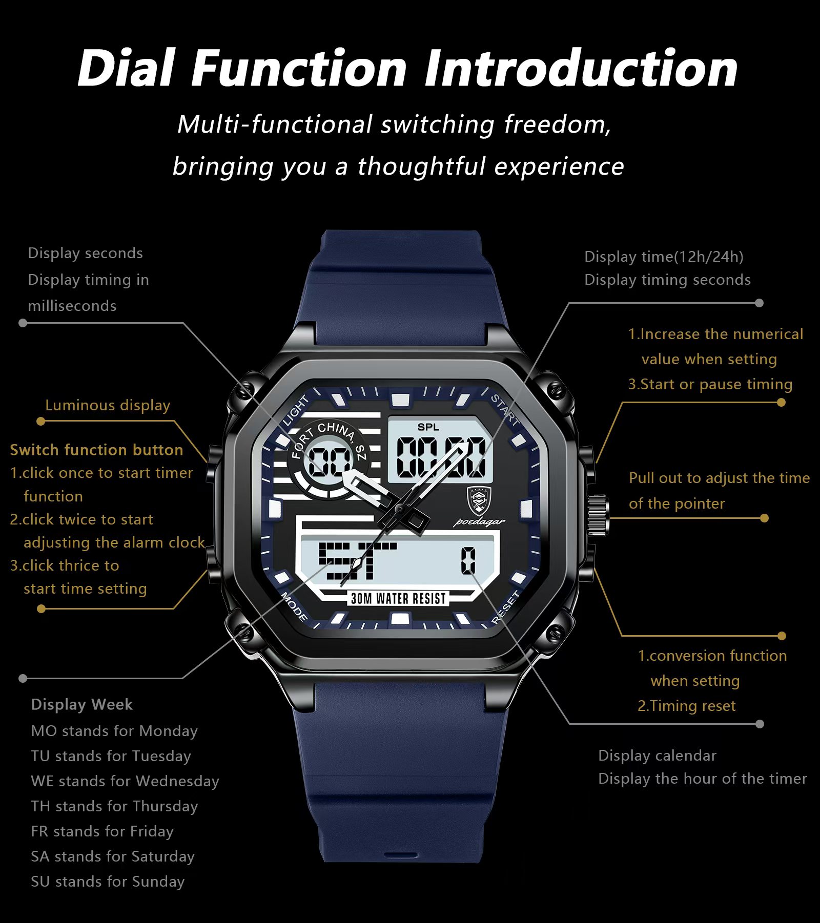 POEDAGAR Digital Watch For Men Waterproof Original Sport Calendar ...