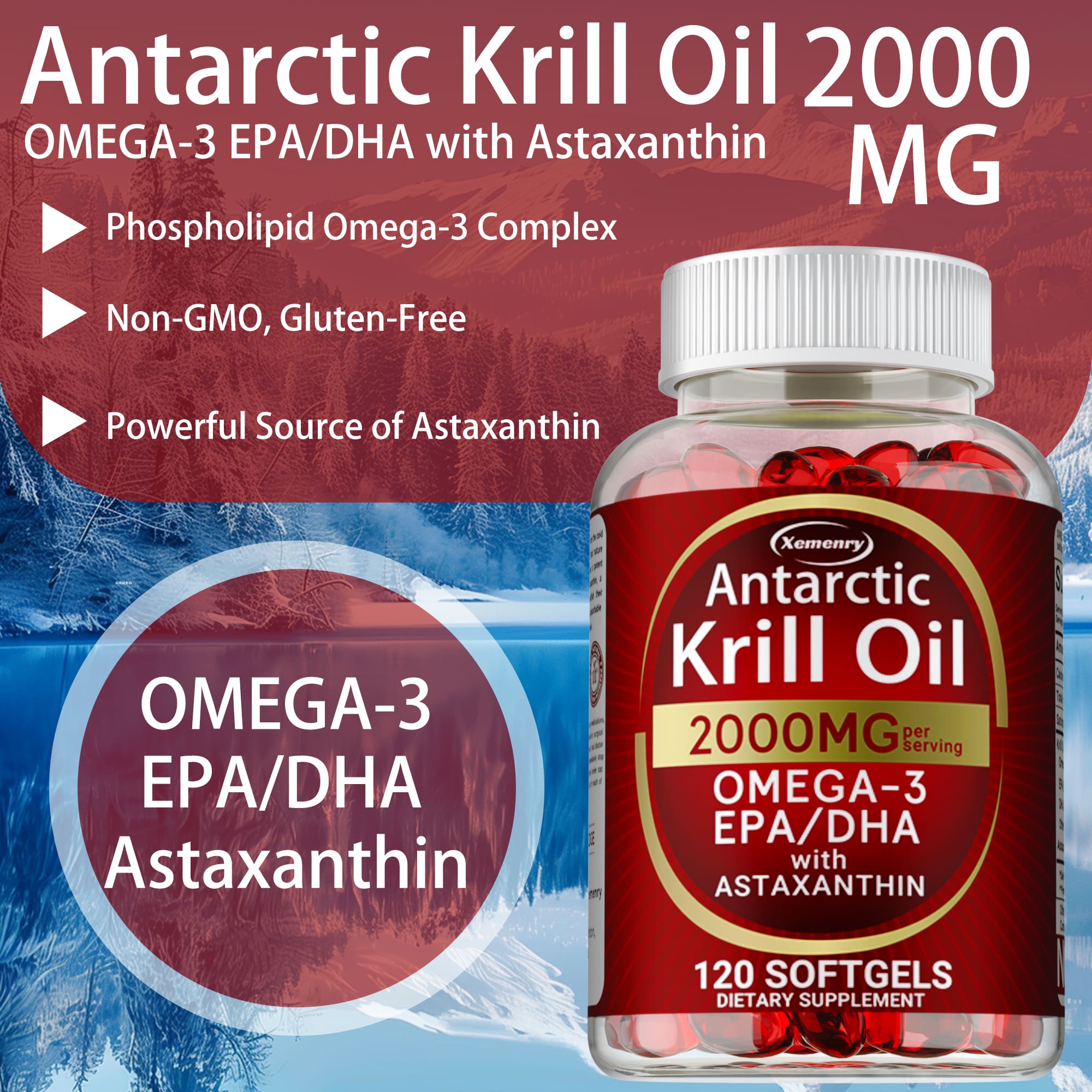 Xemenry Antarctic Krill Oil 2000 mg with Omega-3s EPA, DHA, Astaxanthin and Phospholipids, 120 ...