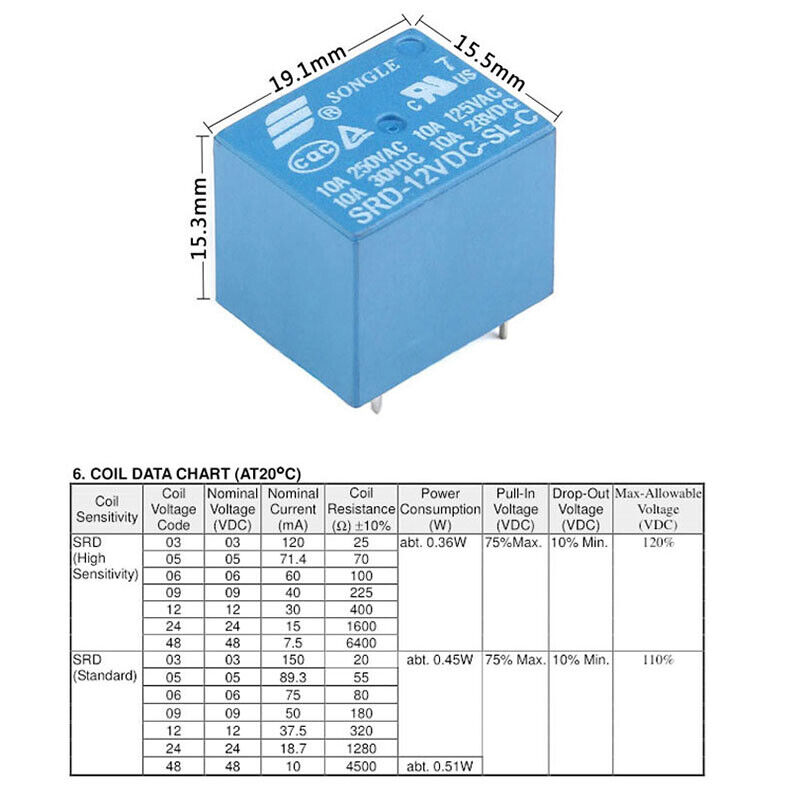 10A SRD - 3V 5V 6V 9V 12V 24V 48V DC Various Mini Power Relays 4-Pin 5 ...