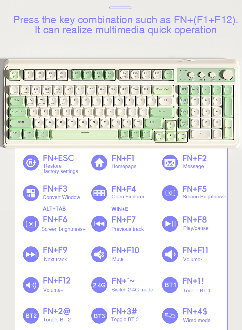 AULA S99 Wireless Membrane Keyboard 99 Keys Tri-mode RGB Multi-function ...