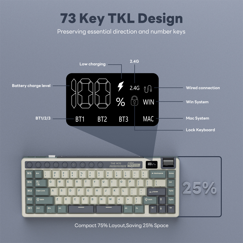 Royal Kludge RK M70 Mocha Grey 73 Key Tri-Mode Wireless With TFT Screen ...