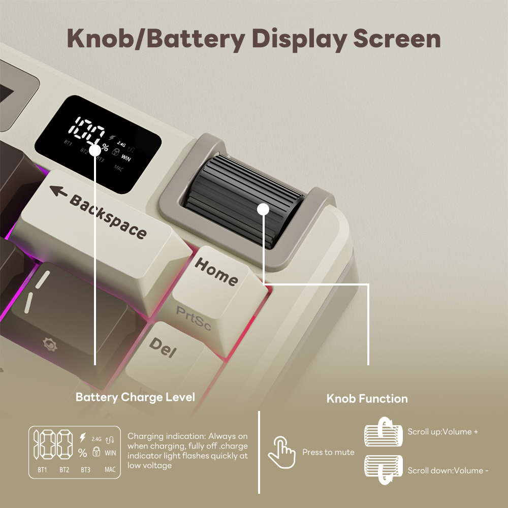 Royal Kludge RK M70 Mocha Grey 73 Key Tri-Mode Wireless With TFT Screen ...