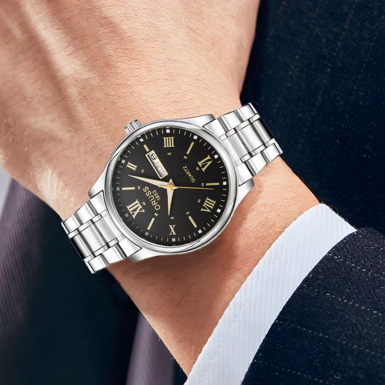 ORUSS Original Men Stainless Steel Silver Luxury Dual Calendar ...