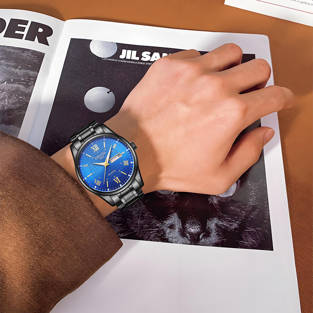 ORUSS Original Men Stainless Steel Silver Luxury Dual Calendar ...