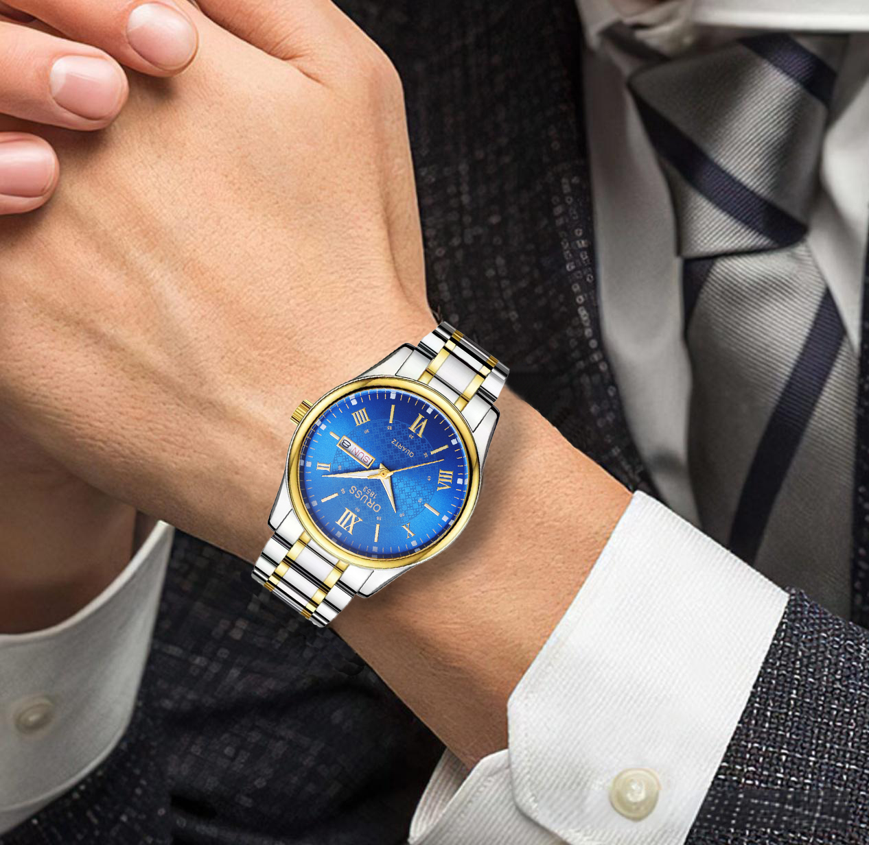 ORUSS Original Men Stainless Steel Silver Luxury Dual Calendar ...