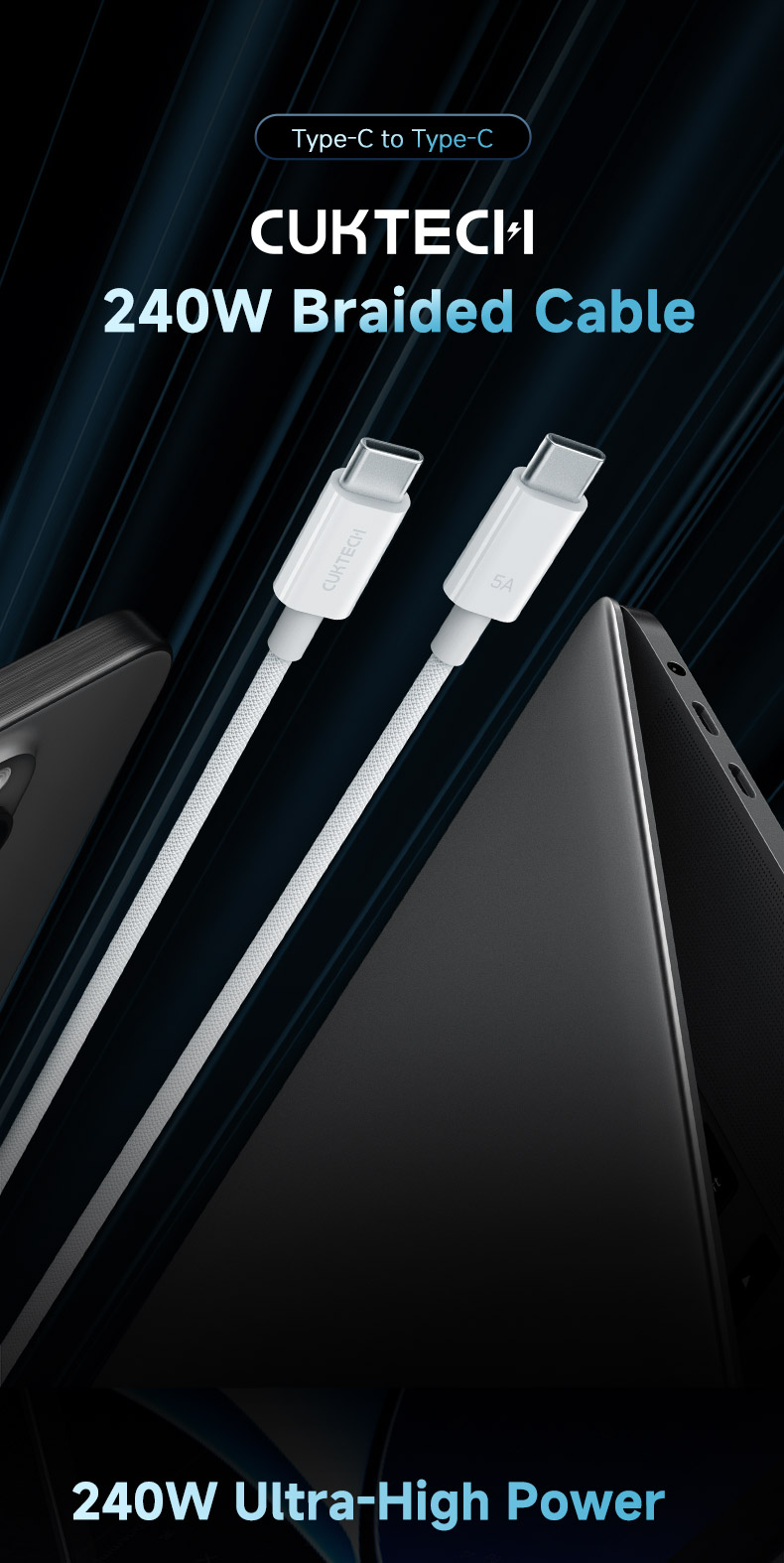 CUKTECH 240W 5A Braided Cable Type-C to Type-C Fast Charging Cable Xiaomi 100W PD3.1 Supercharge ...