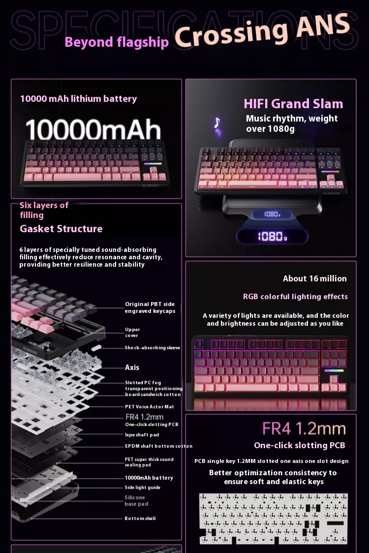 AUSDOM H87 Wireless Mechanical Keyboard 87% Hot swappable RGB GASKET Custom Gaming Keyboard ...