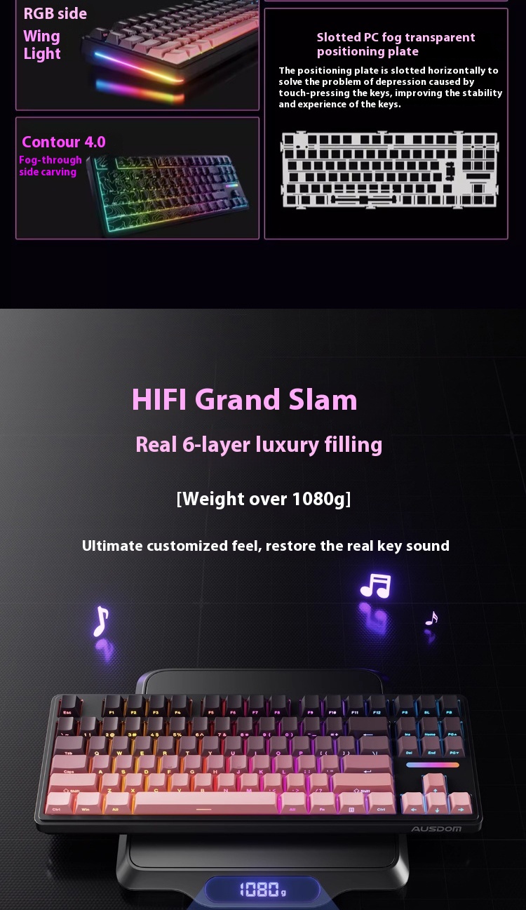 AUSDOM H87 Wireless Mechanical Keyboard 87% Hot swappable RGB GASKET Custom Gaming Keyboard ...