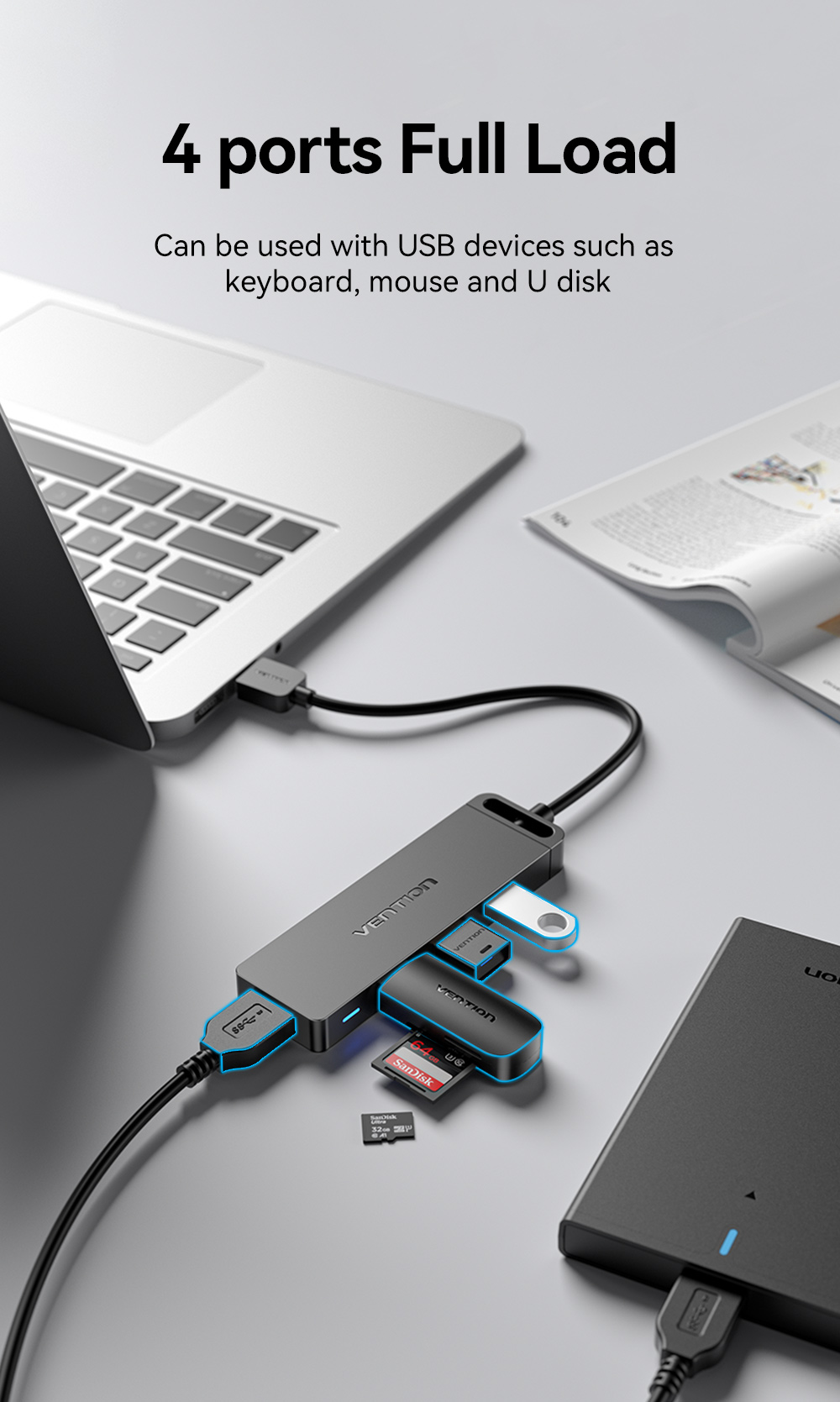 Vention USB 3.0 Hub 4 Ports USB HUB Slim for Mouse Keyboard Compatible ...