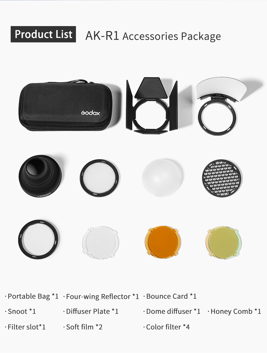 Godox AK-R1 + S-R1 Barn Door, Snoot, Color Filter, Reflector, Honeycomb, Diffuser Ball Kits for ...