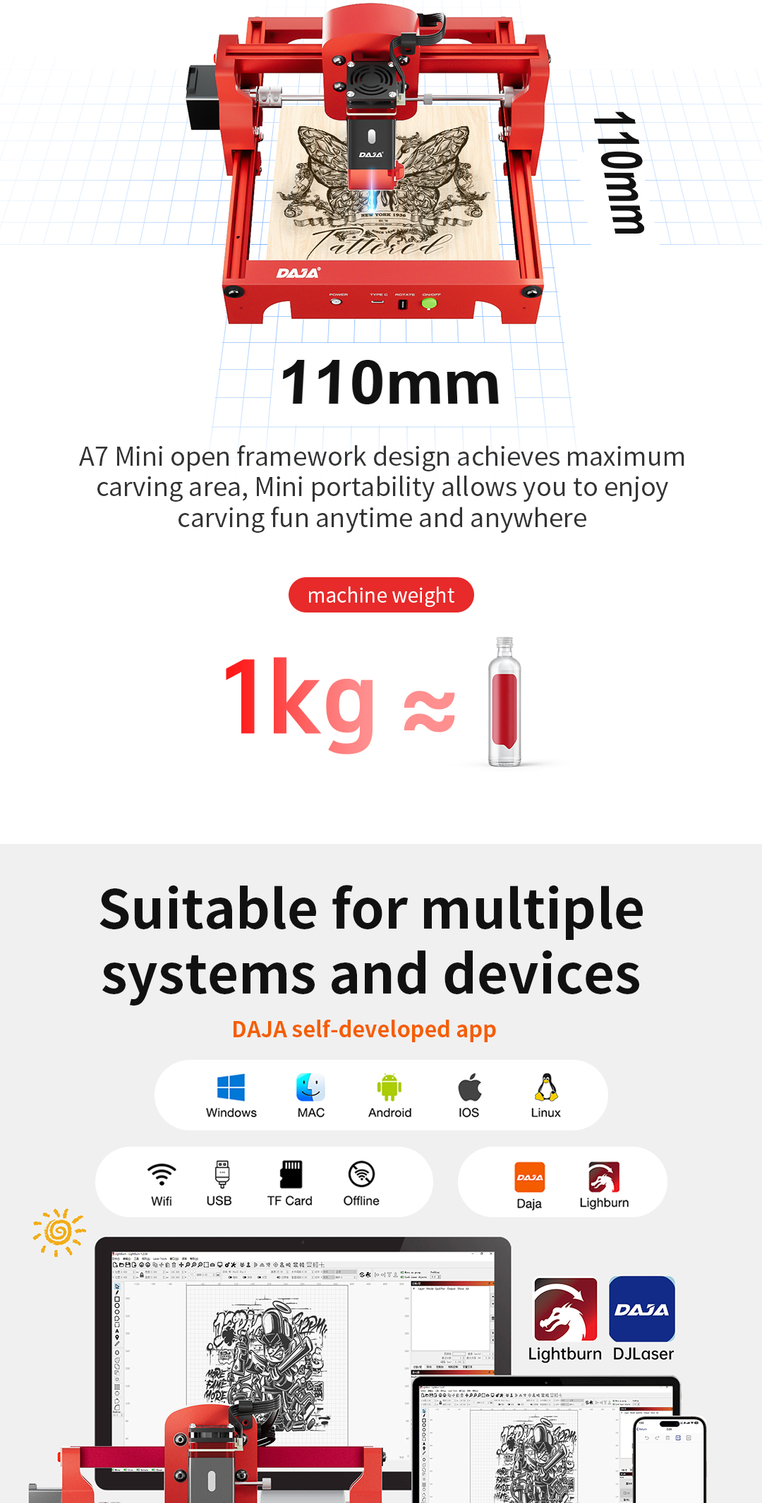 DAJA A7 mini 5W Laser Machine Engraving Wood Board Leather Kraft Paper ...