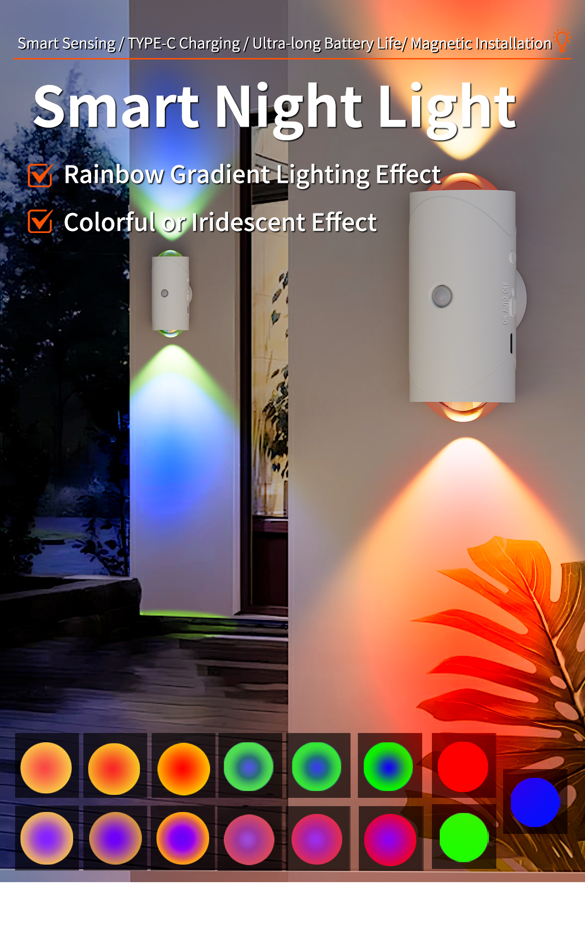 15 Color Motion Sensor LED Night Light Automatic Sensing Magnetic Wall ...