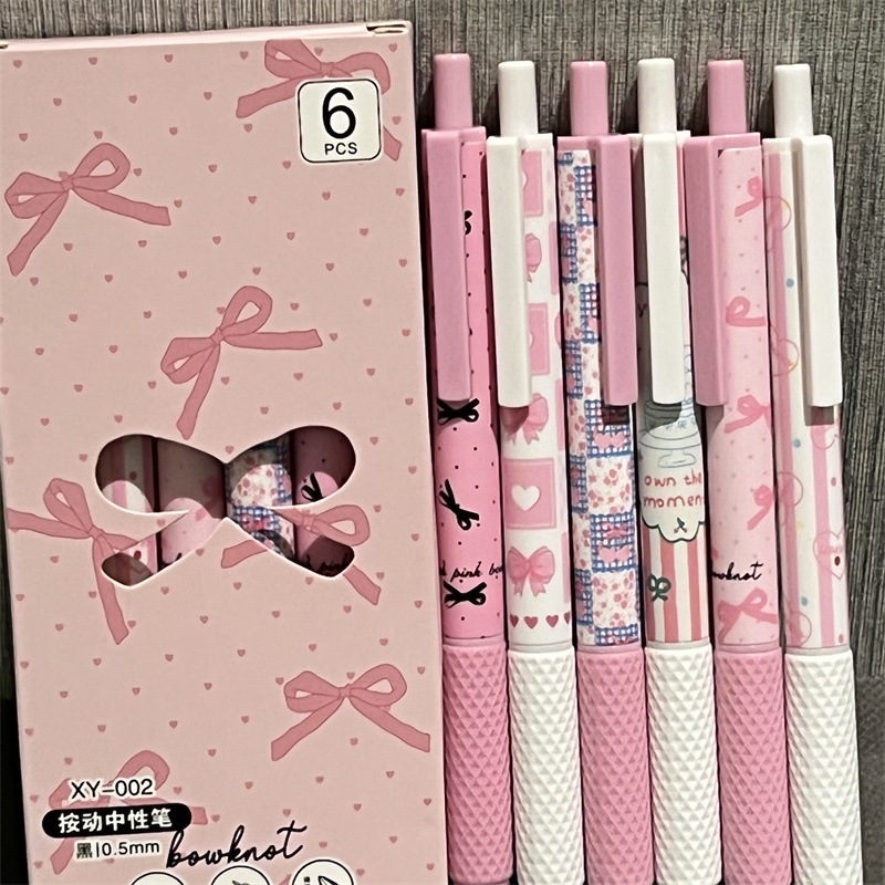 6Pens/set pink bow gel pen ST quick drying 0.5mm neutral pen black pen ...