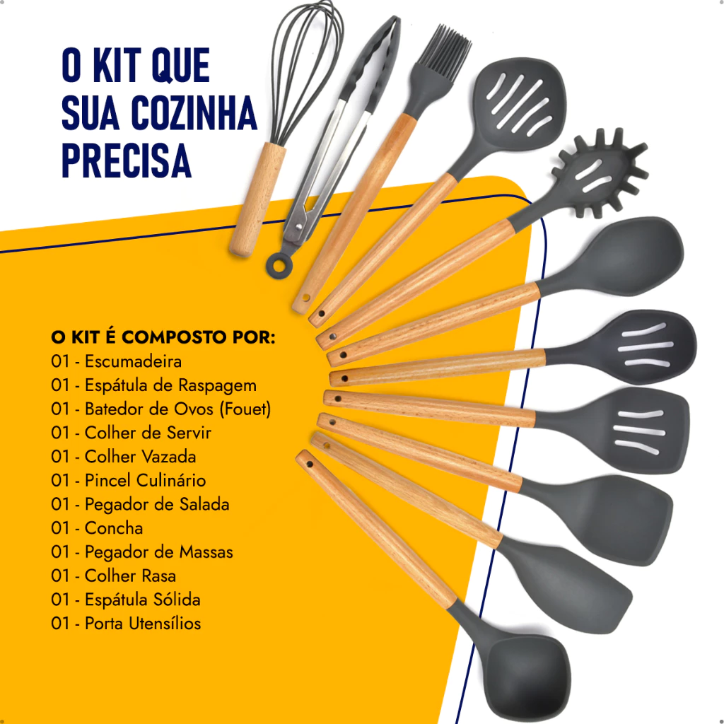 Kitchen 12pcs Silicone Utensil Set Cookware Set Non-Stick Wooden Handle ...