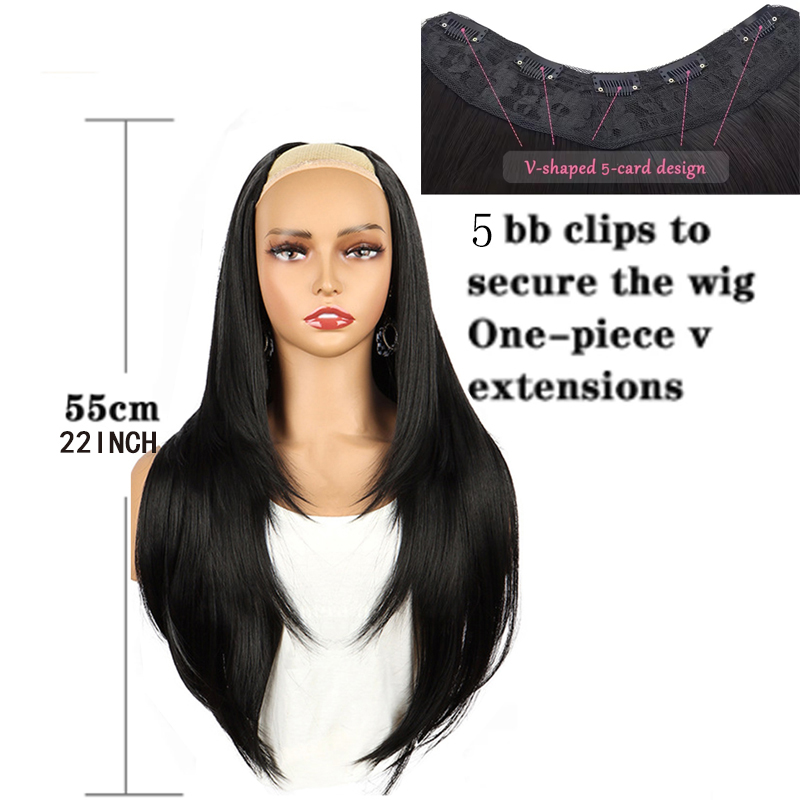 55CM Long Straight V-Shaped Hair Extension 5 Clips One-piece Synthetic ...