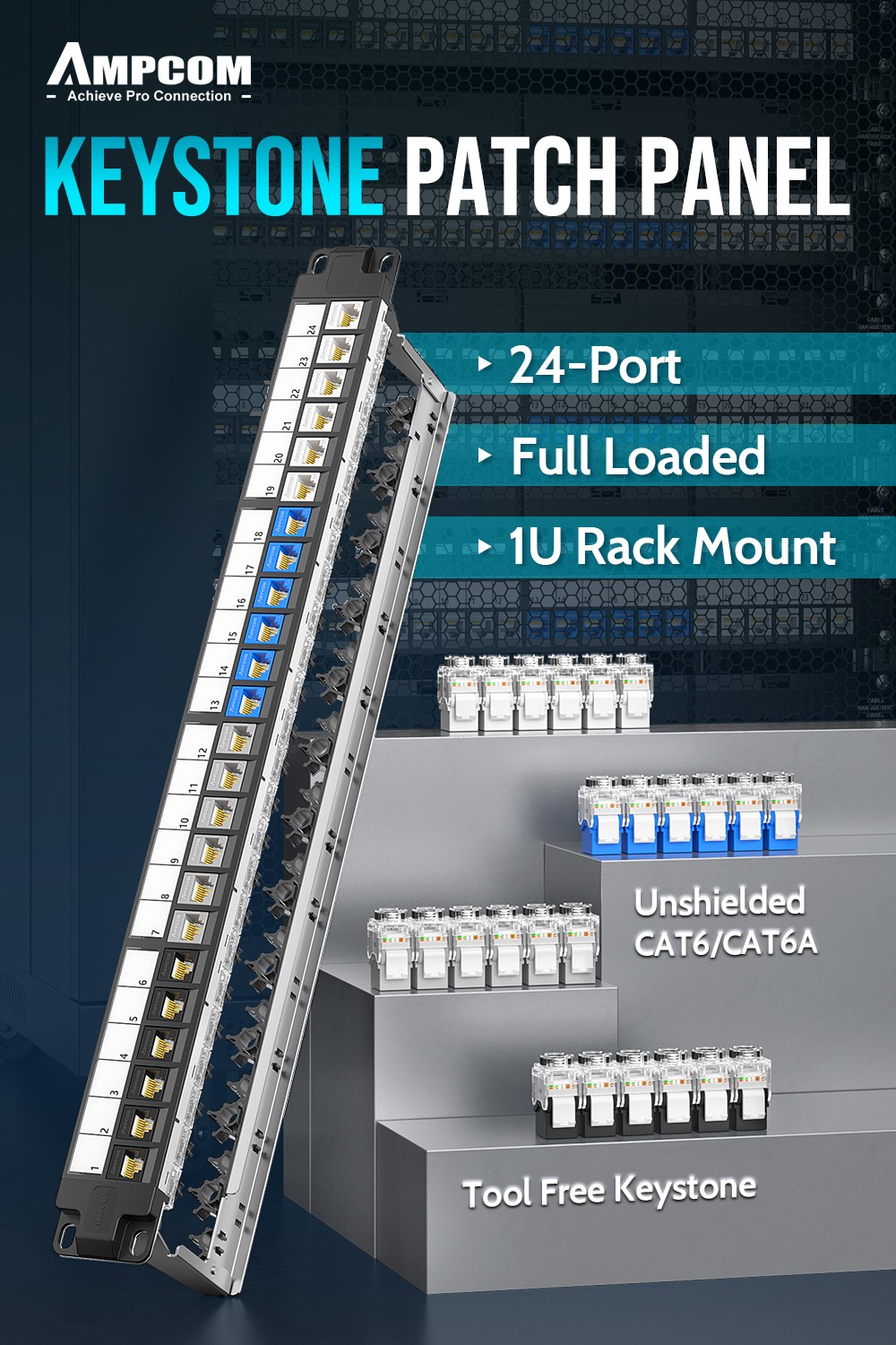 AMPCOM 1U 24-Port UTP Keystone Patch Panel, Rack-Mounted with Rear ...