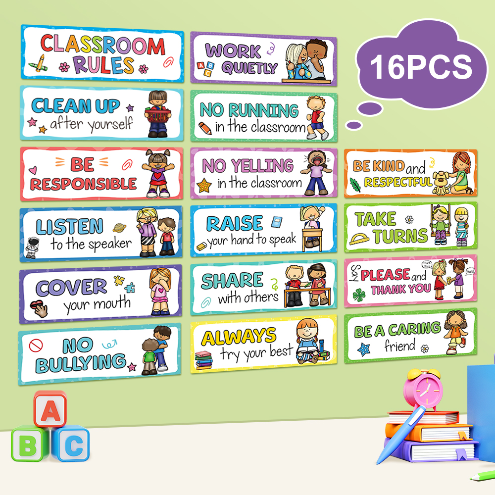 16Pcs Classroom Rules English Bulletin Posters Kids English Learning ...
