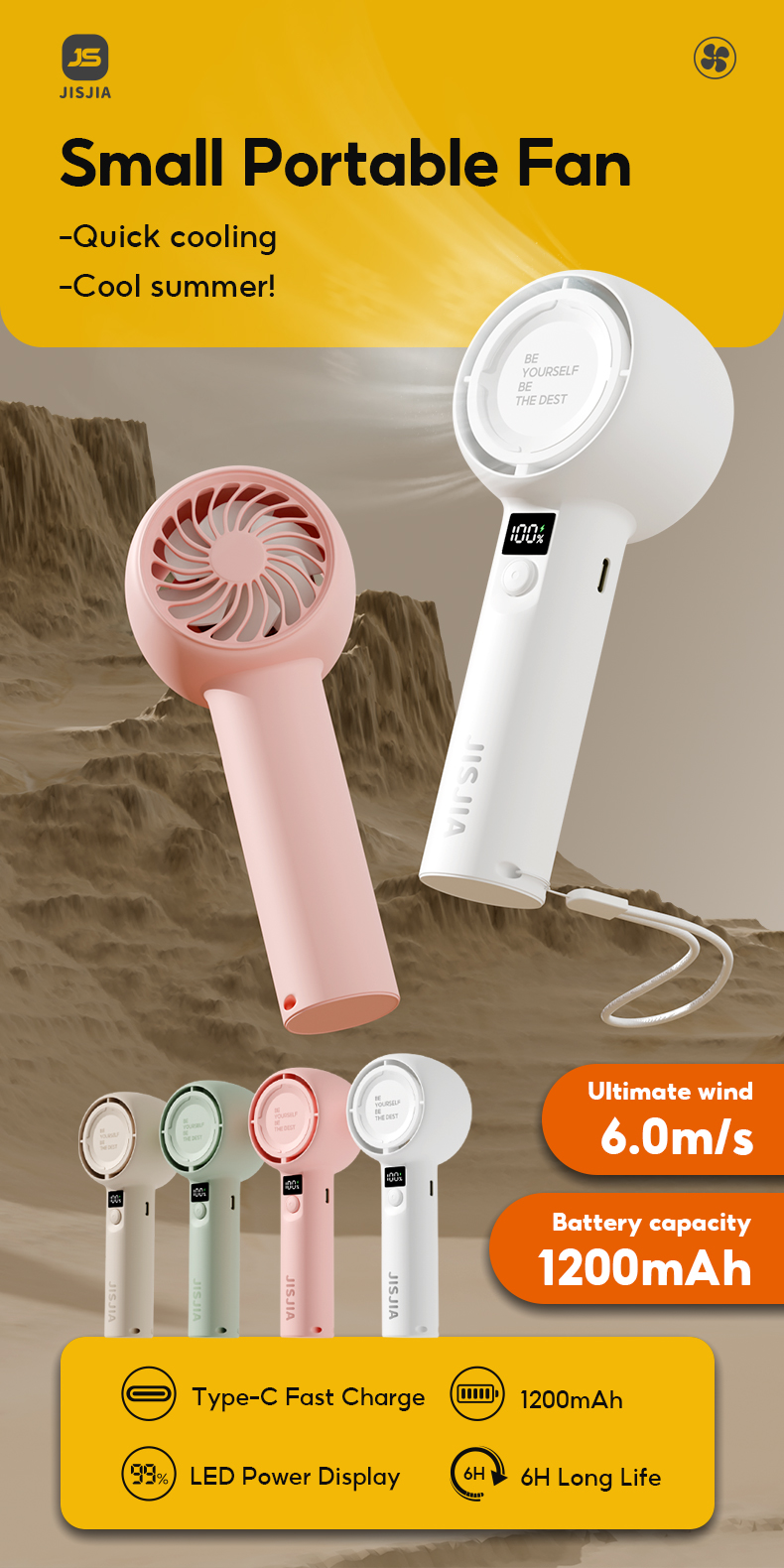 JISJIA Mini Fan portable Handheld fan Rechargeable USB fan With 5 Gears ...