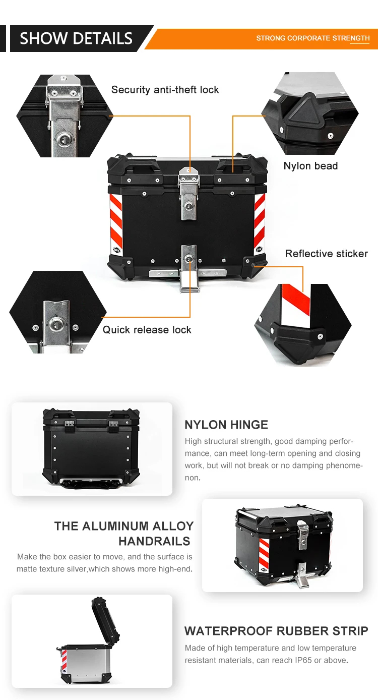 𝟰𝟱/𝟱𝟳/𝟲𝟱𝐋 Motorcycle Aluminium Top Box Waterproof Rack Aluminum Safety ...