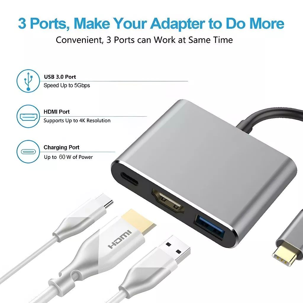 Type C OTG USB Hub to HDMI Adapter 3-IN-1 with 4K Support for Laptops ...