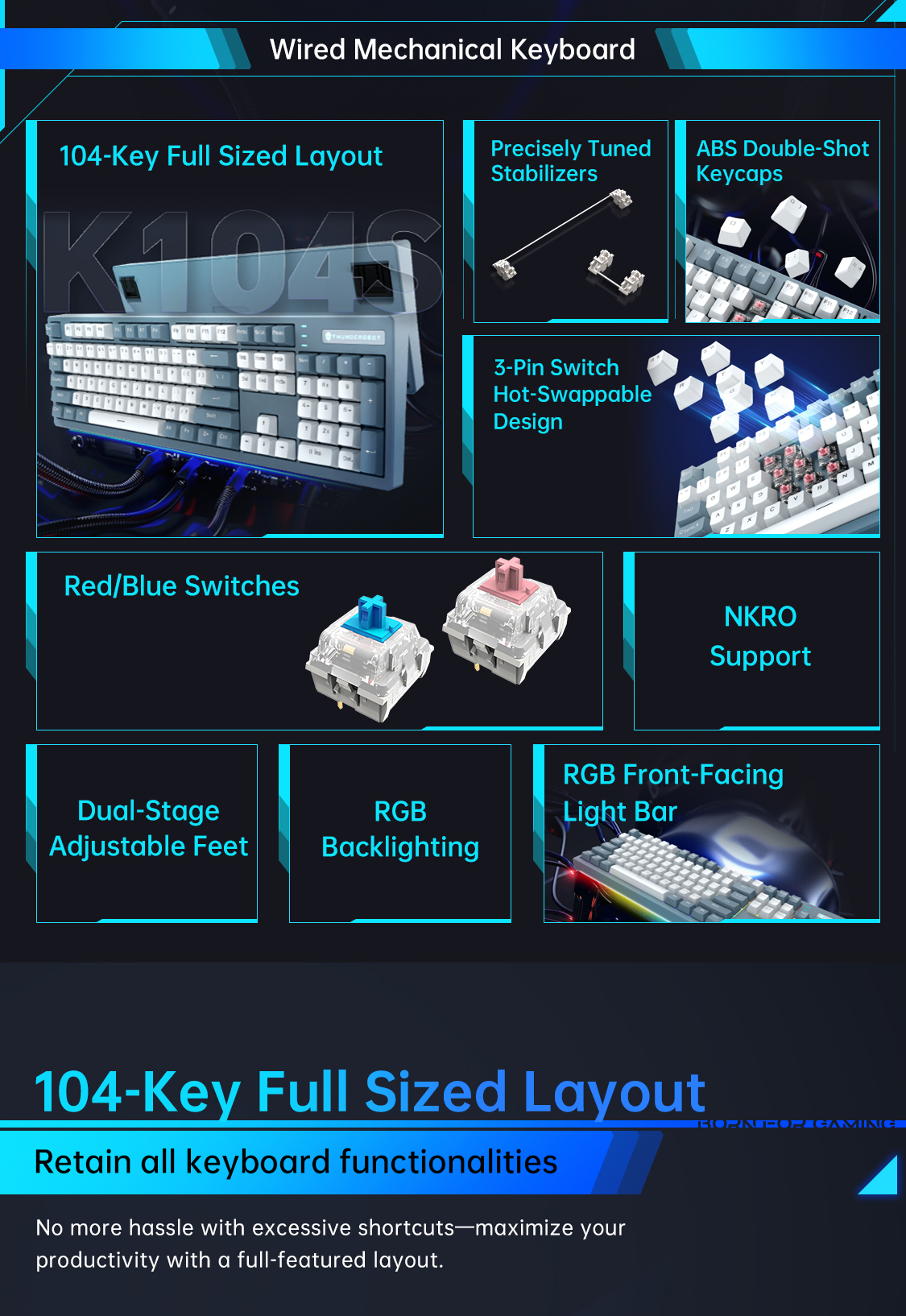 Thunderobot K104s Wired Mechanical Keyboard 104 Keys Gaming Keyboard ...