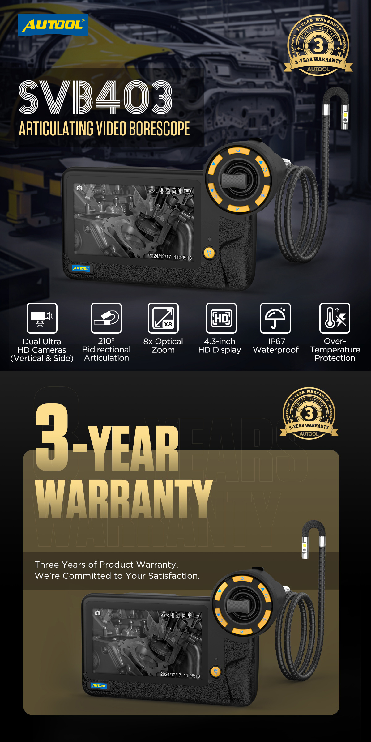 AUTOOL SVB403 Automotive Engine Borescope 1080*720 HD With 32GB Memroy ...