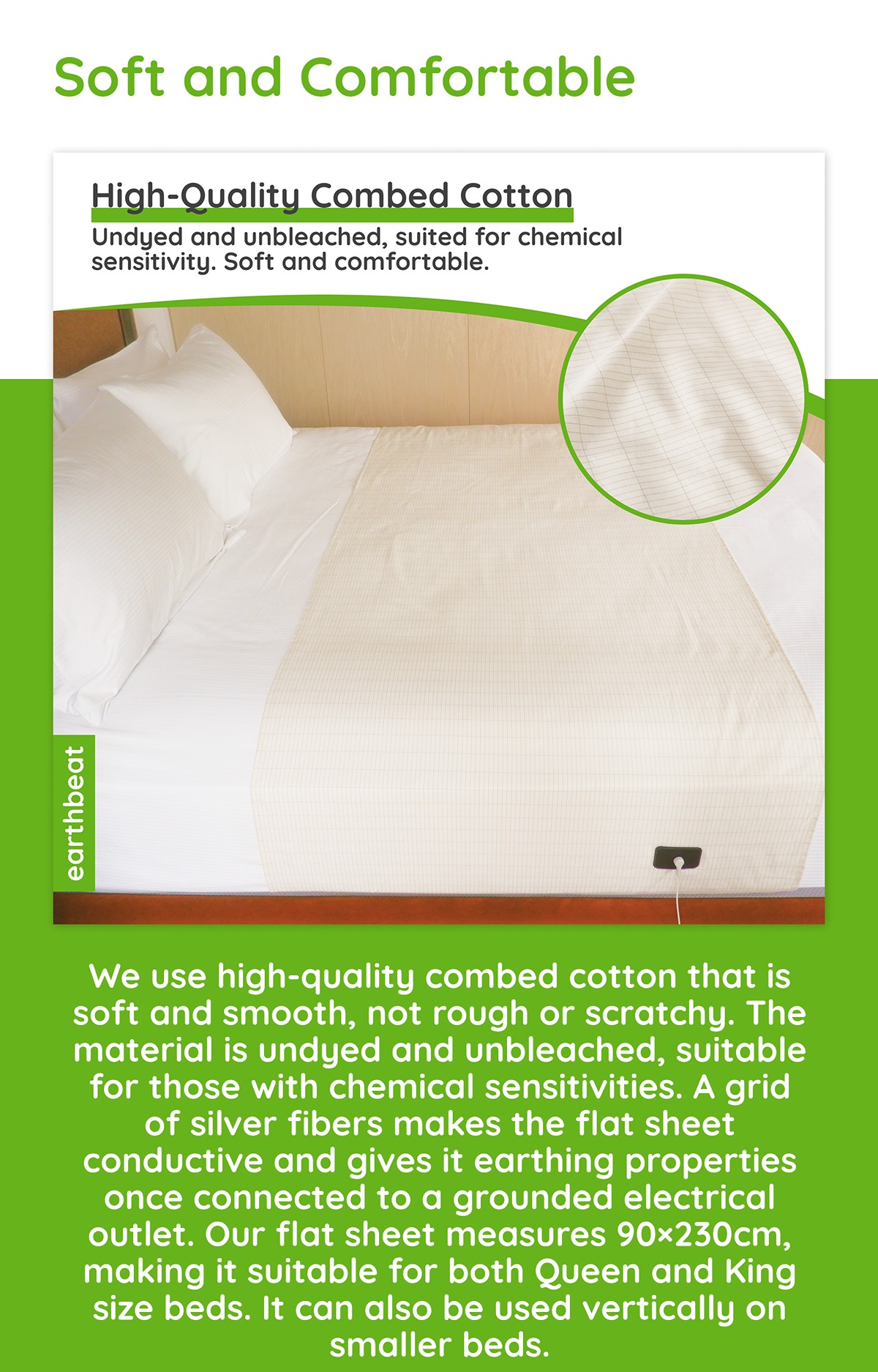 earthbeat Classic Earthing Flat Sheet. 90×230cm with MY Adapter ...