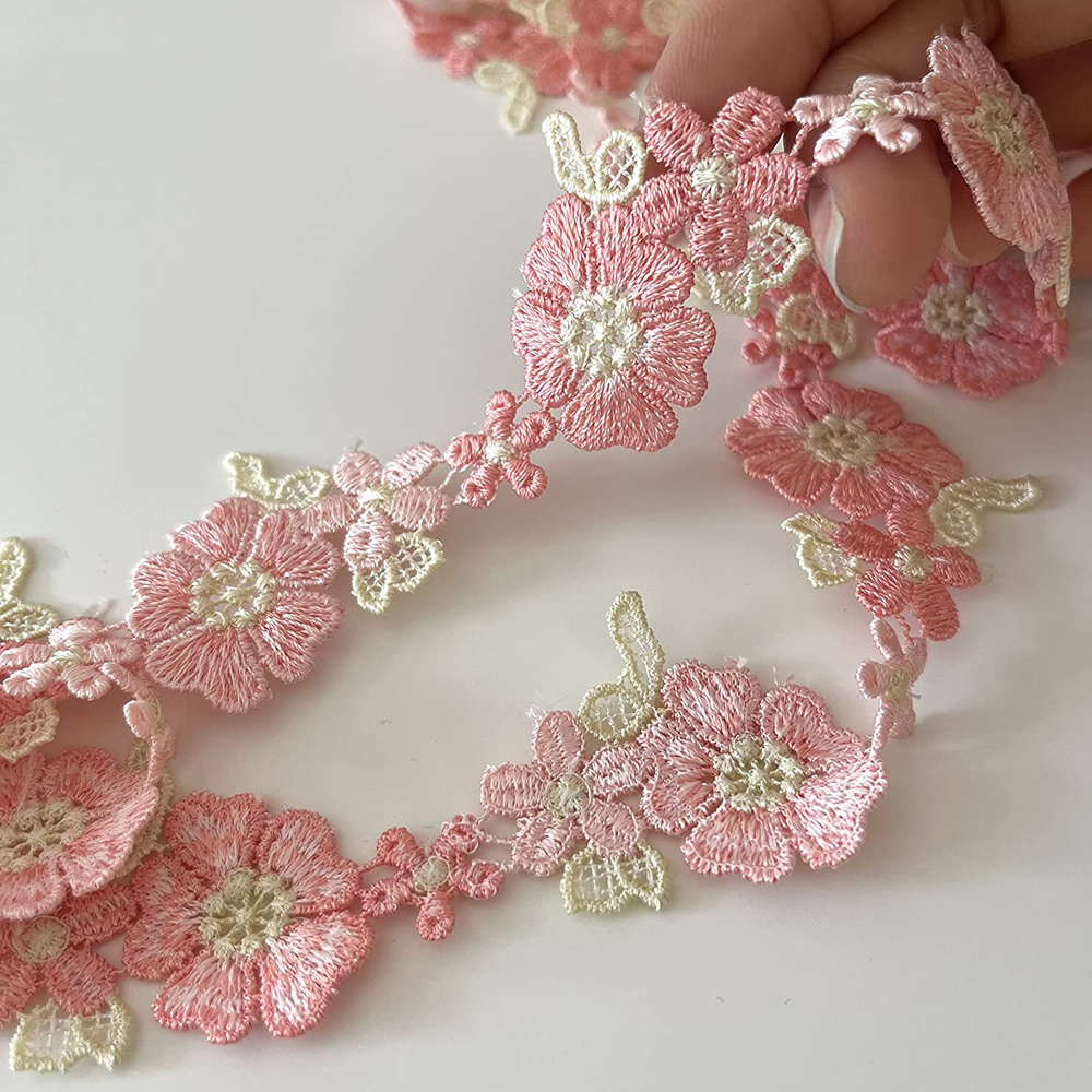 1 Yard Pink Lace Fabric Embroidery Flower Trims For Dresses Decorative ...