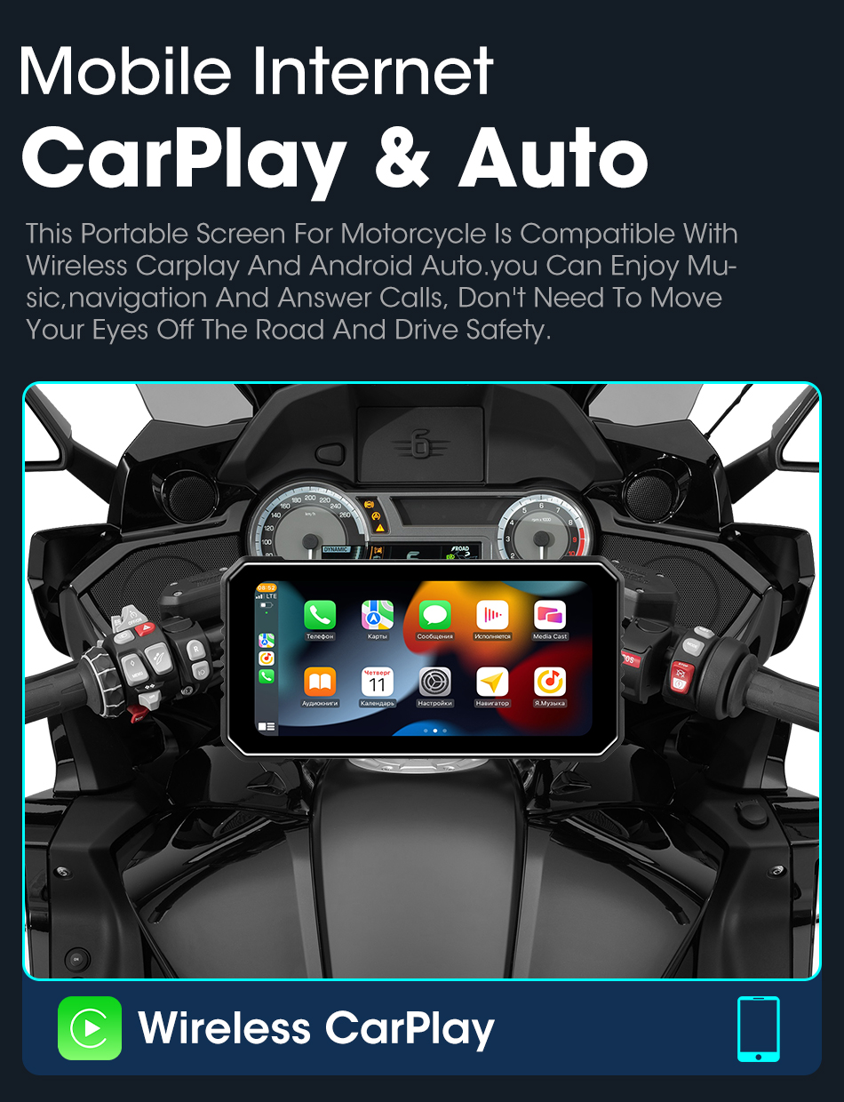 Jansite 6 Inch Motorcycle Navigator Wireless Apple CarPlay DVR Portable ...
