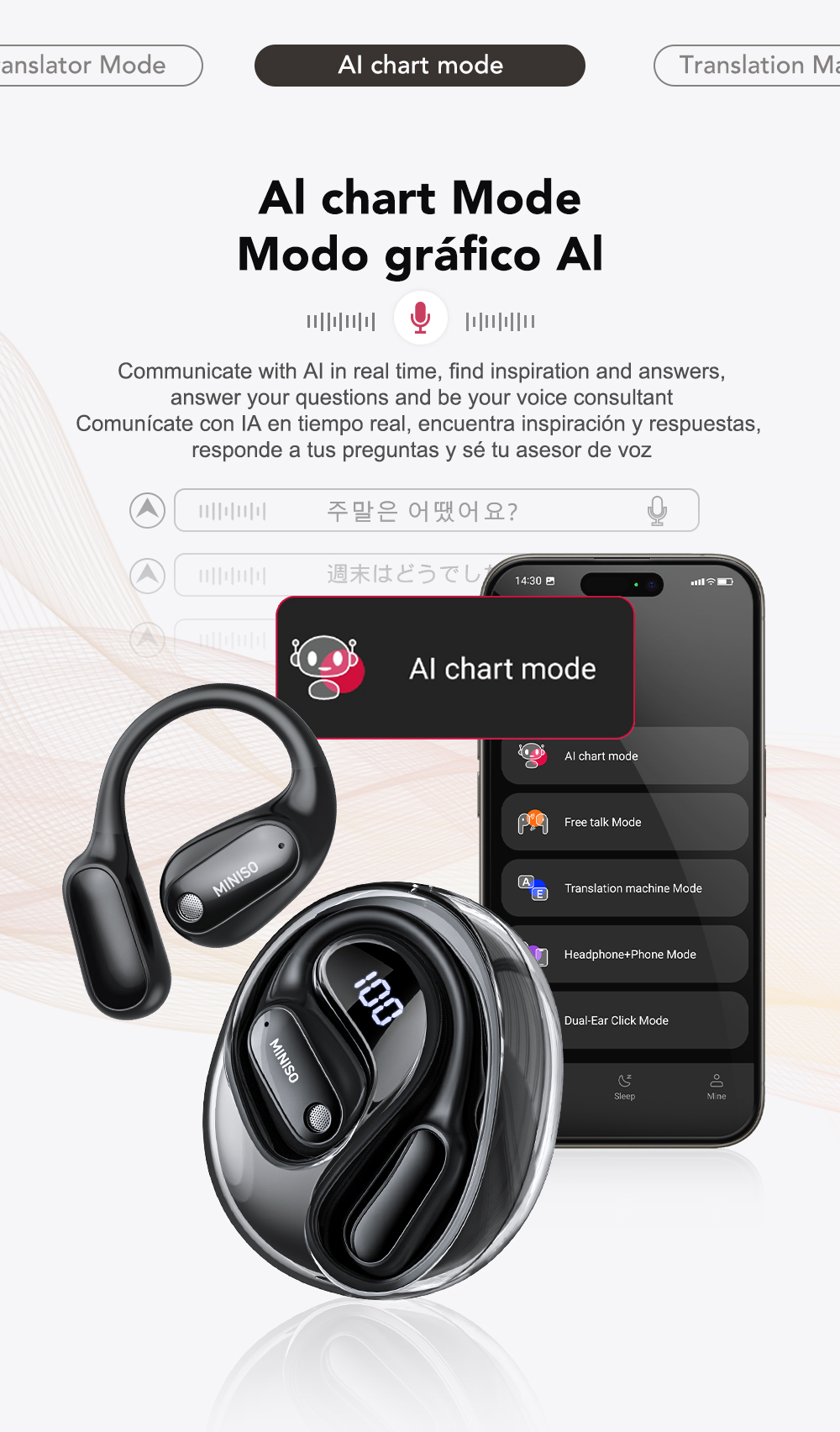 MINISO MS190 Al Translator Earbud Open Ear Wireless Earphone Bluetooth ...