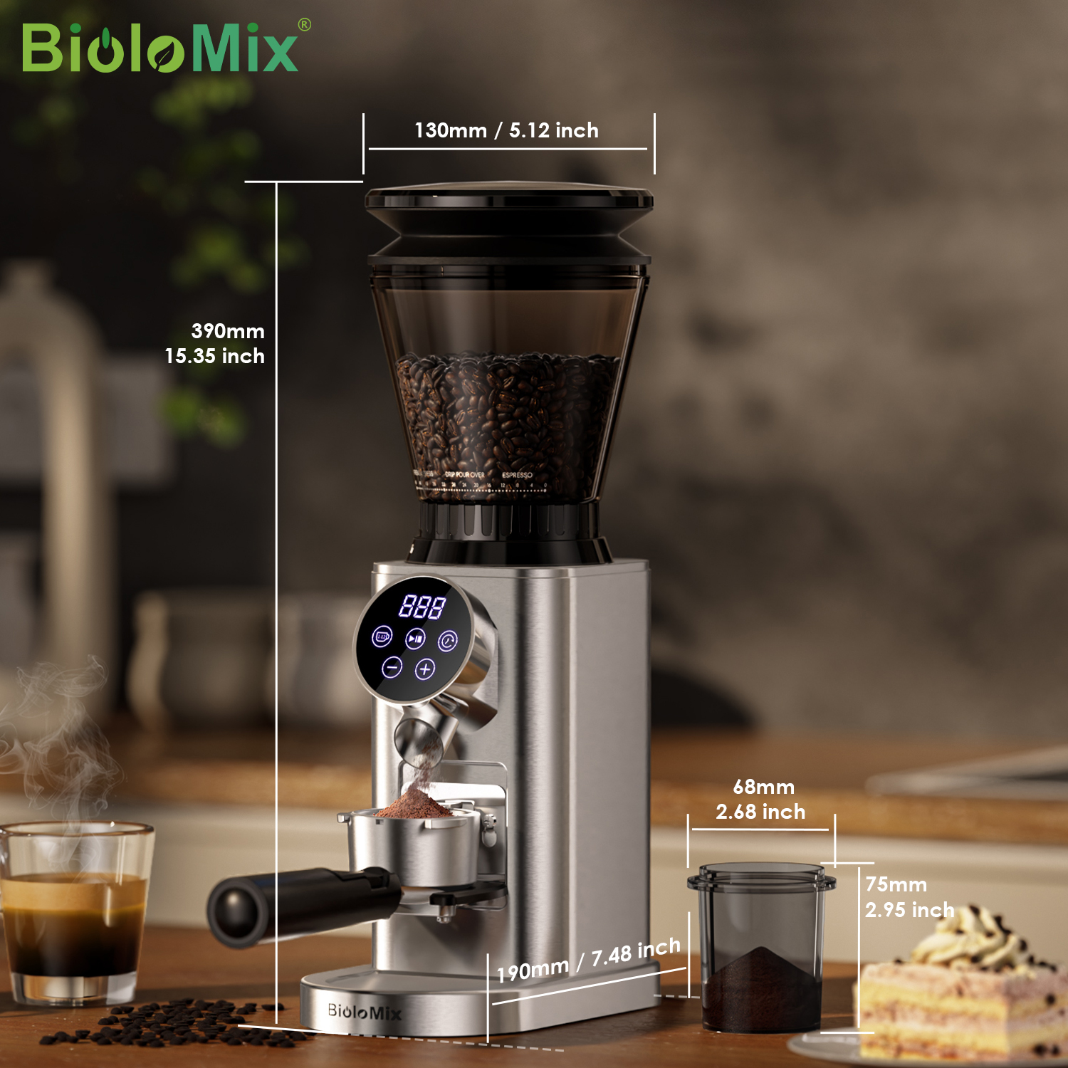 Biolomix Electric Conical Burr Coffee Grinder Stainless Steel Body For ...