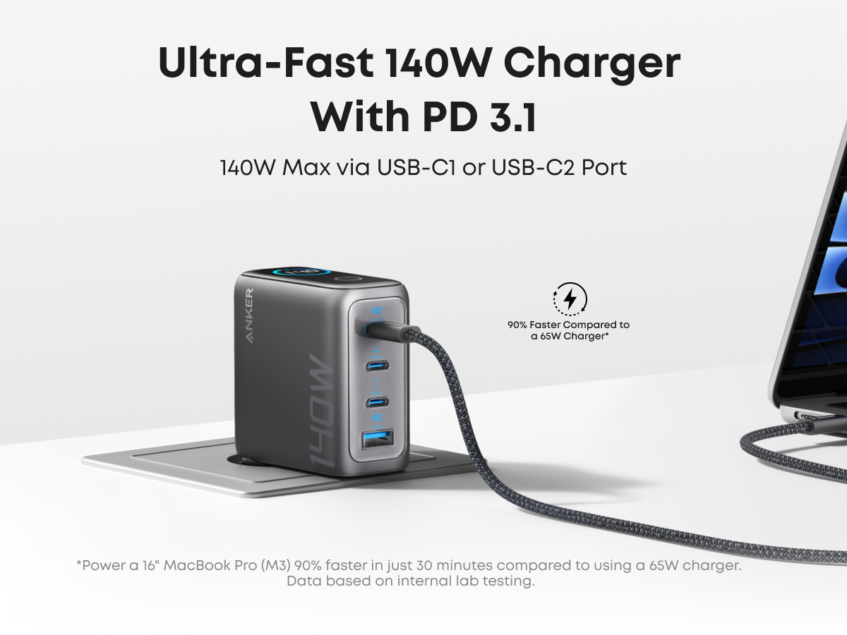 Anker 140W USB-C Laptop Charger, 4-Port Multi-Device Fast Charging, GaN ...