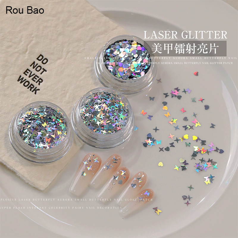 Rou Bao Nail Laser Glitter Sequin Heart Butterfly Starburst Girly Nails Art DIY Charms ...